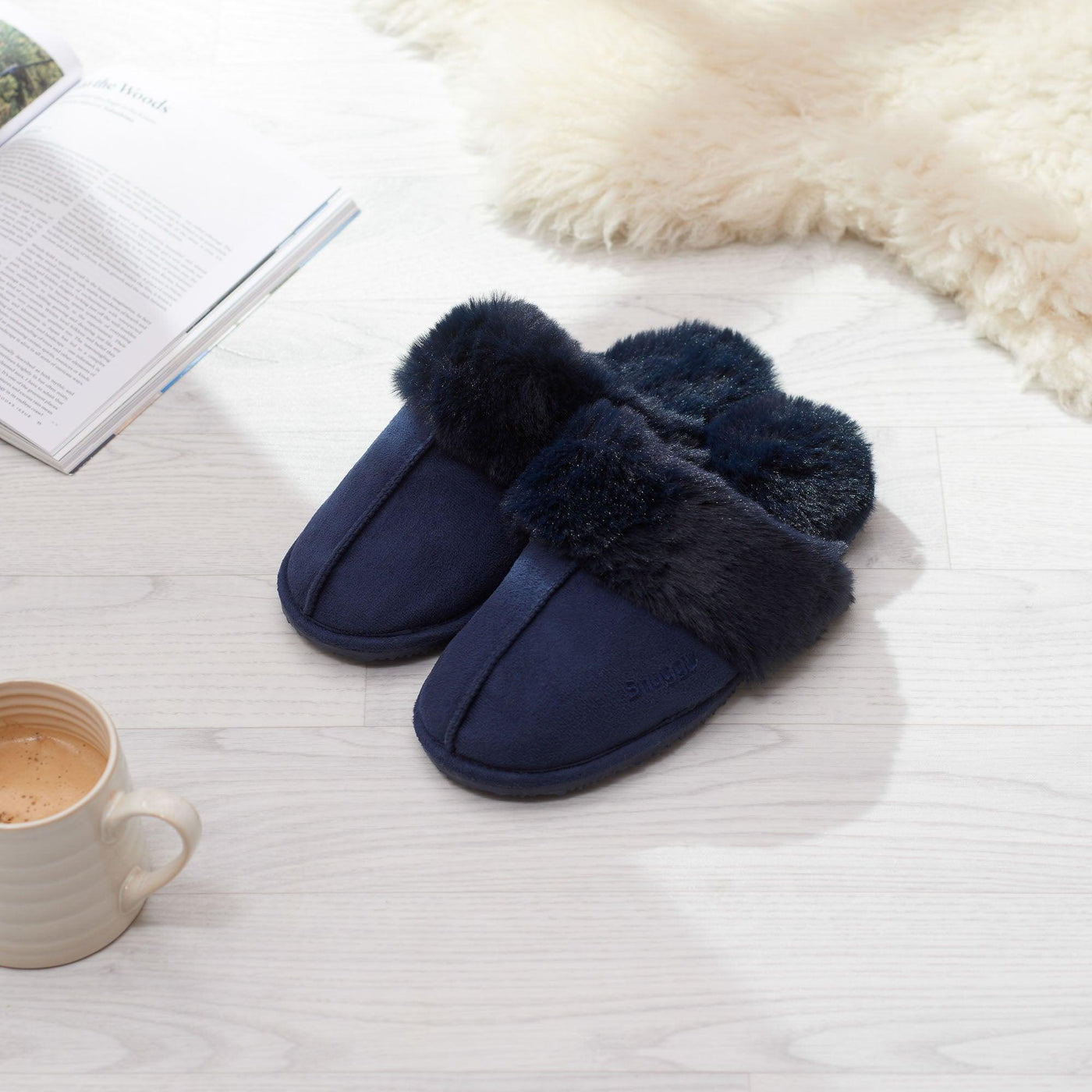 Buy Navy Fluffy Suede Mule Slippers Without Box